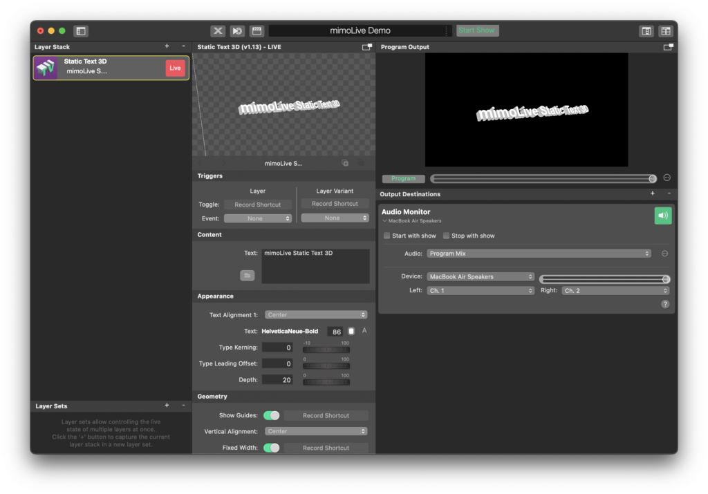 Static Text 3D Layer | mimoLive®